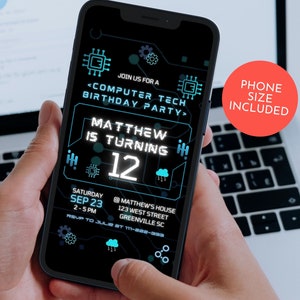 Editable Computer Birthday Invitation, Computer Tech Coding Programming Birthday Party Invite ...