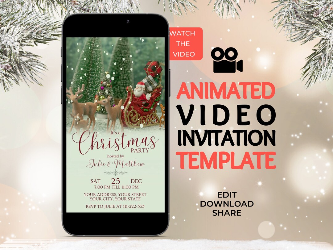 Animated Christmas Party Invitation, Santa Claus Reindeers Sleigh Snow Video Christmas ...