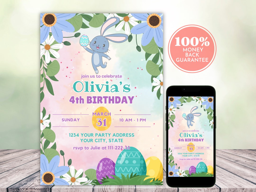 Easter Birthday Invitation, Easter Bunny Birthday Party Editable ...