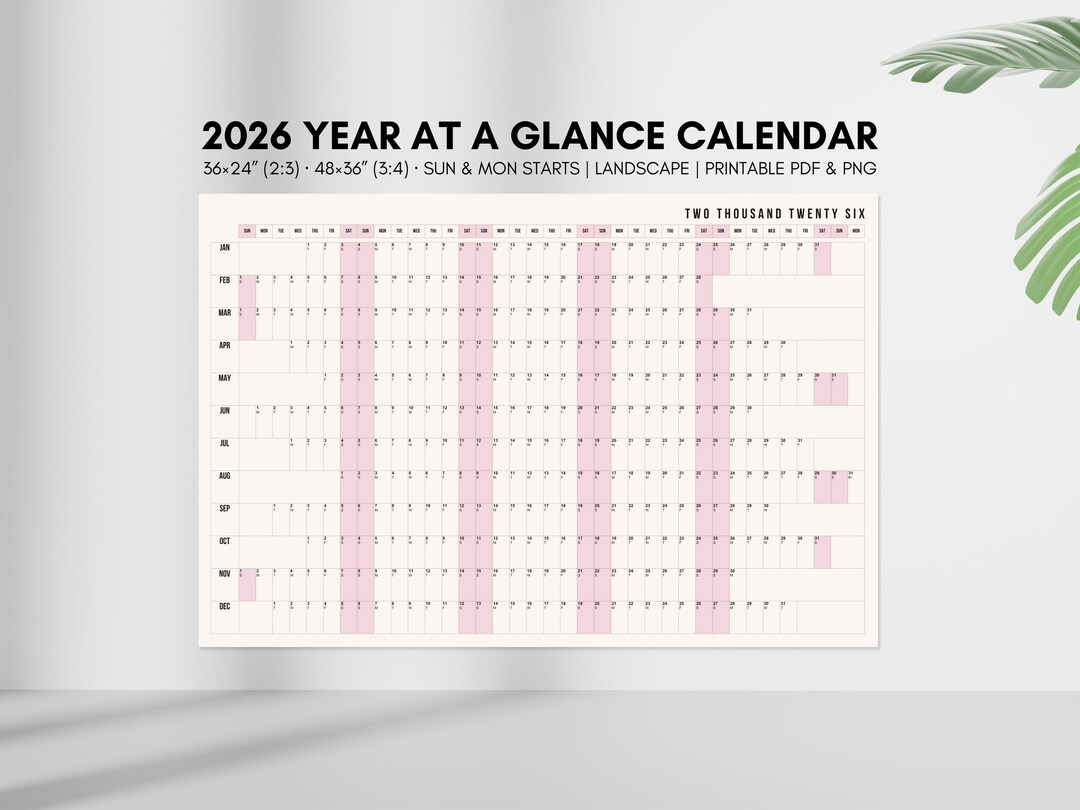 2026 Year at a Glance Calendar Printable, Large Size Wall Planner, Days ...