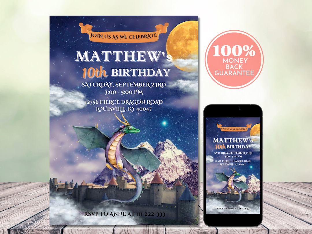 Dragon Birthday Invitation: Fantasy Castle, Editable Digital Invite ...