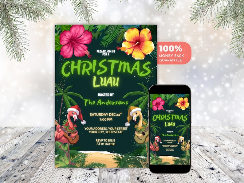 Christmas Luau Party Invite | Tropical Flamingo Holiday Invitation ...