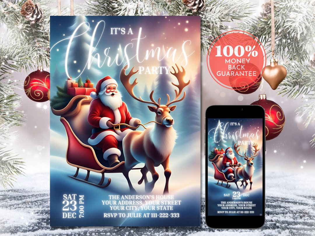 Christmas Party Invitation Santa Claus Rising His Reindeer - Etsy