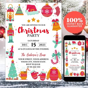 Christmas Party Invitation Digital Template, Christmas Invite, Colorful ...