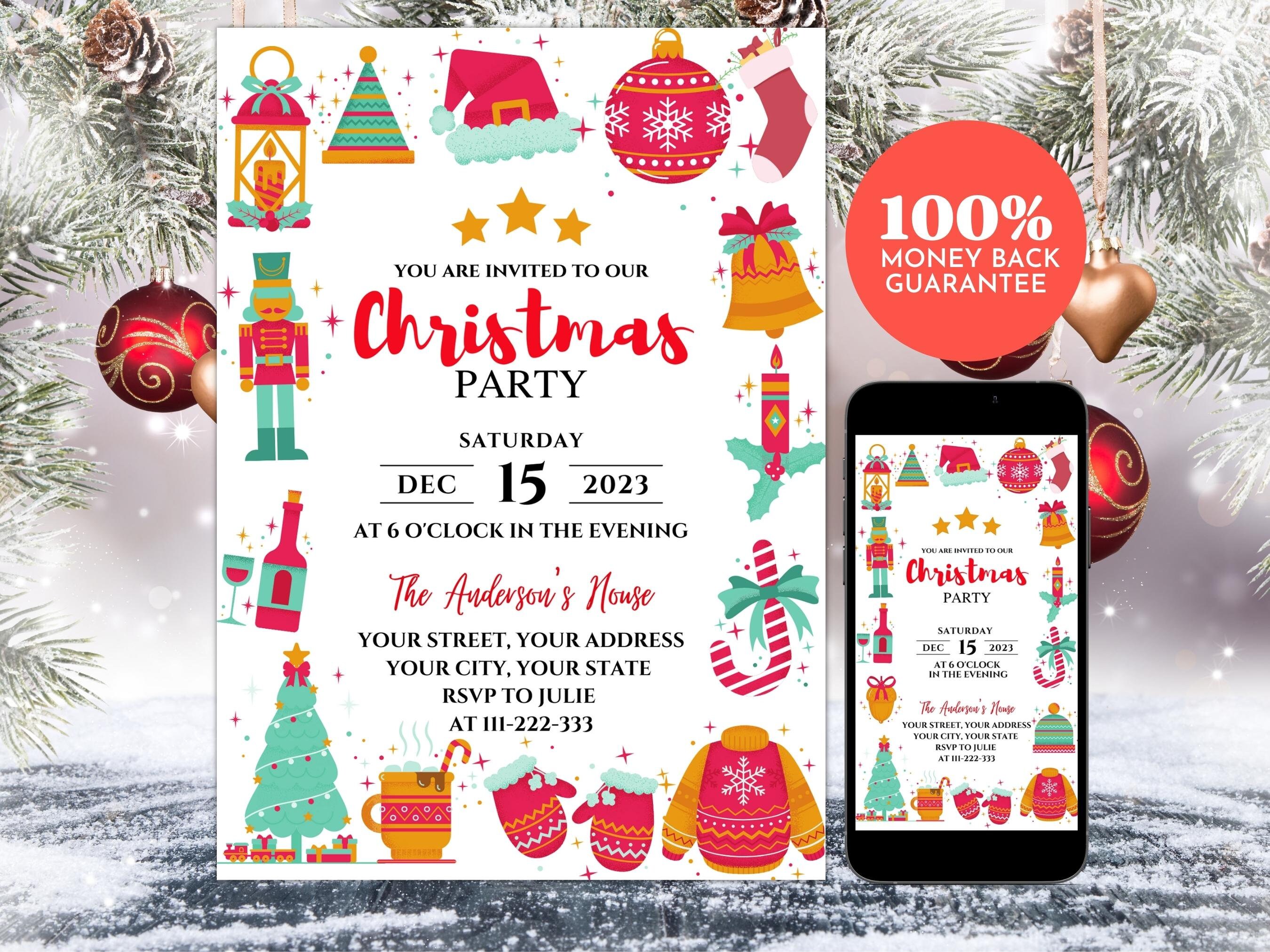 Christmas Party Invitation Digital Template, Christmas Invite, Colorful ...