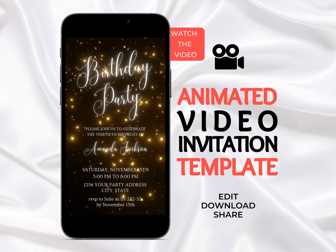 Animated Birthday Invitation, Video Birthday Party Invite, Luminous ...