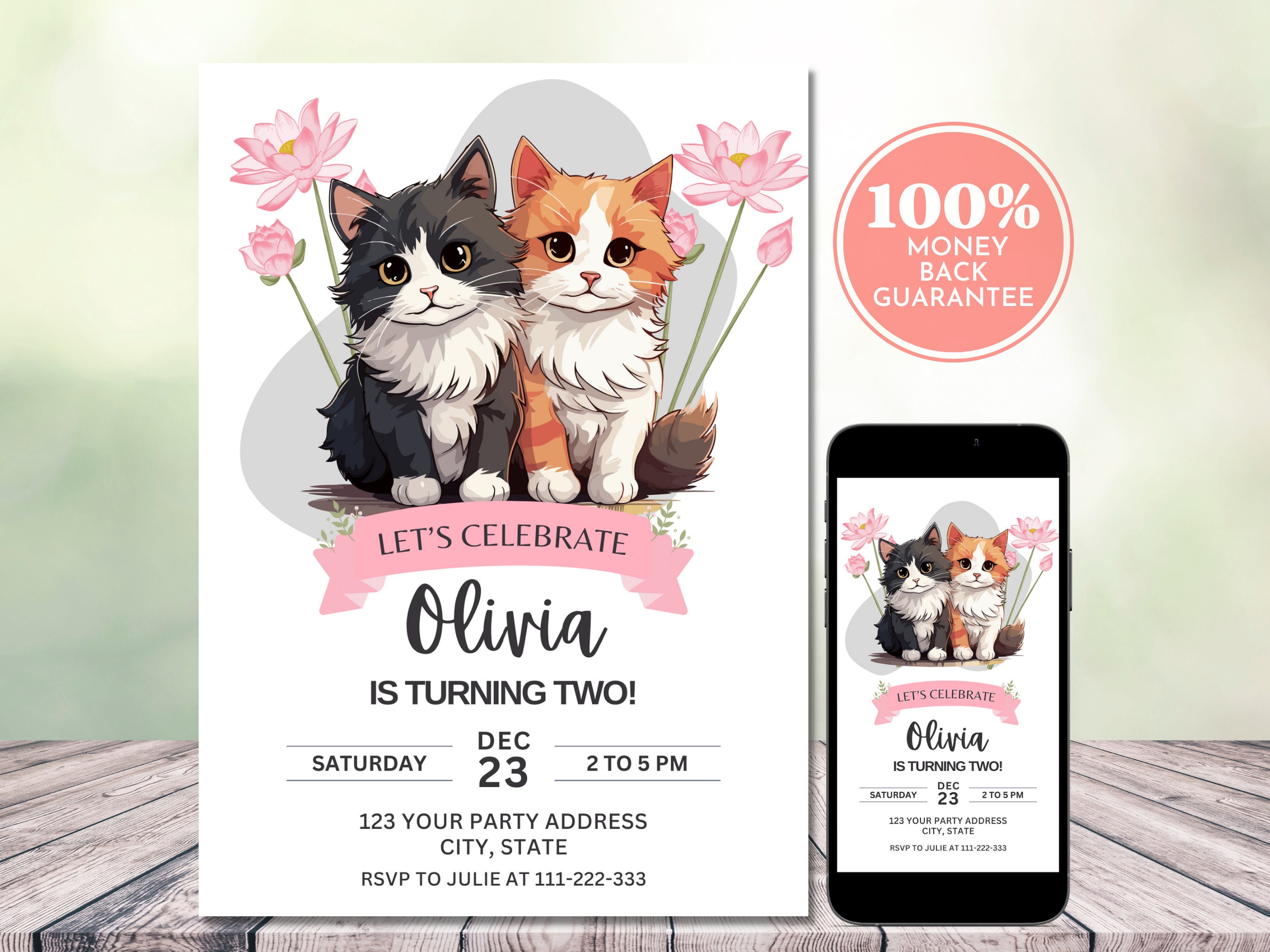 Cat Birthday Invitation, Editable Kittens Birthday Party Digital ...