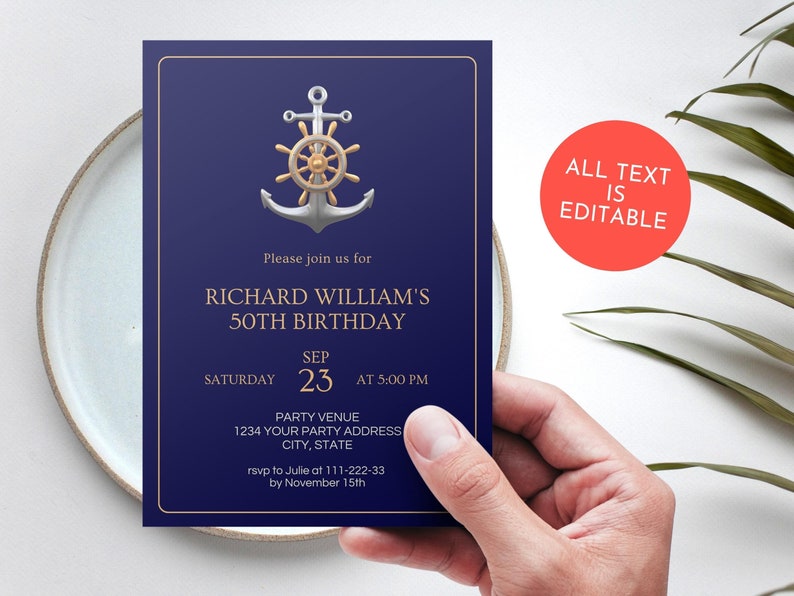 Navy Blue Anchor Birthday Invitation: Elegant Nautical Theme (digital ...