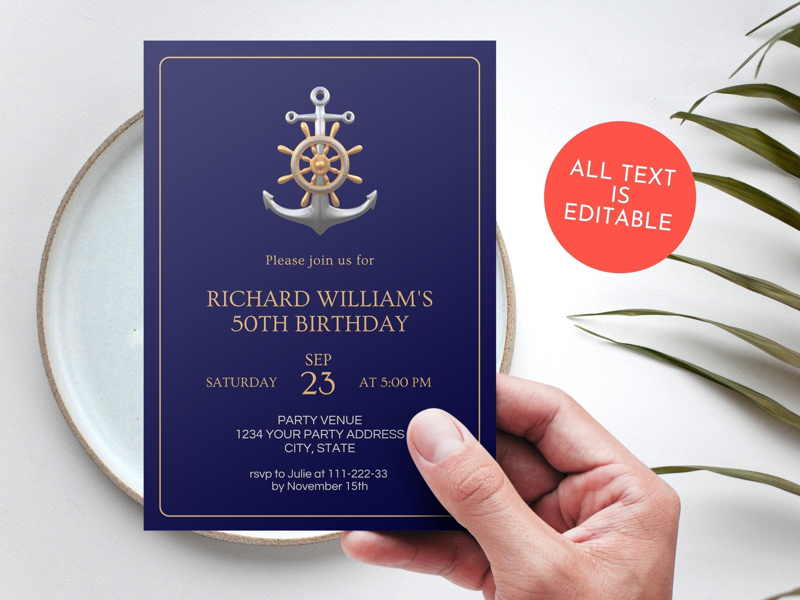 Nautical Birthday Invitation, Elegant Navy Blue Anchor Birthday Party ...