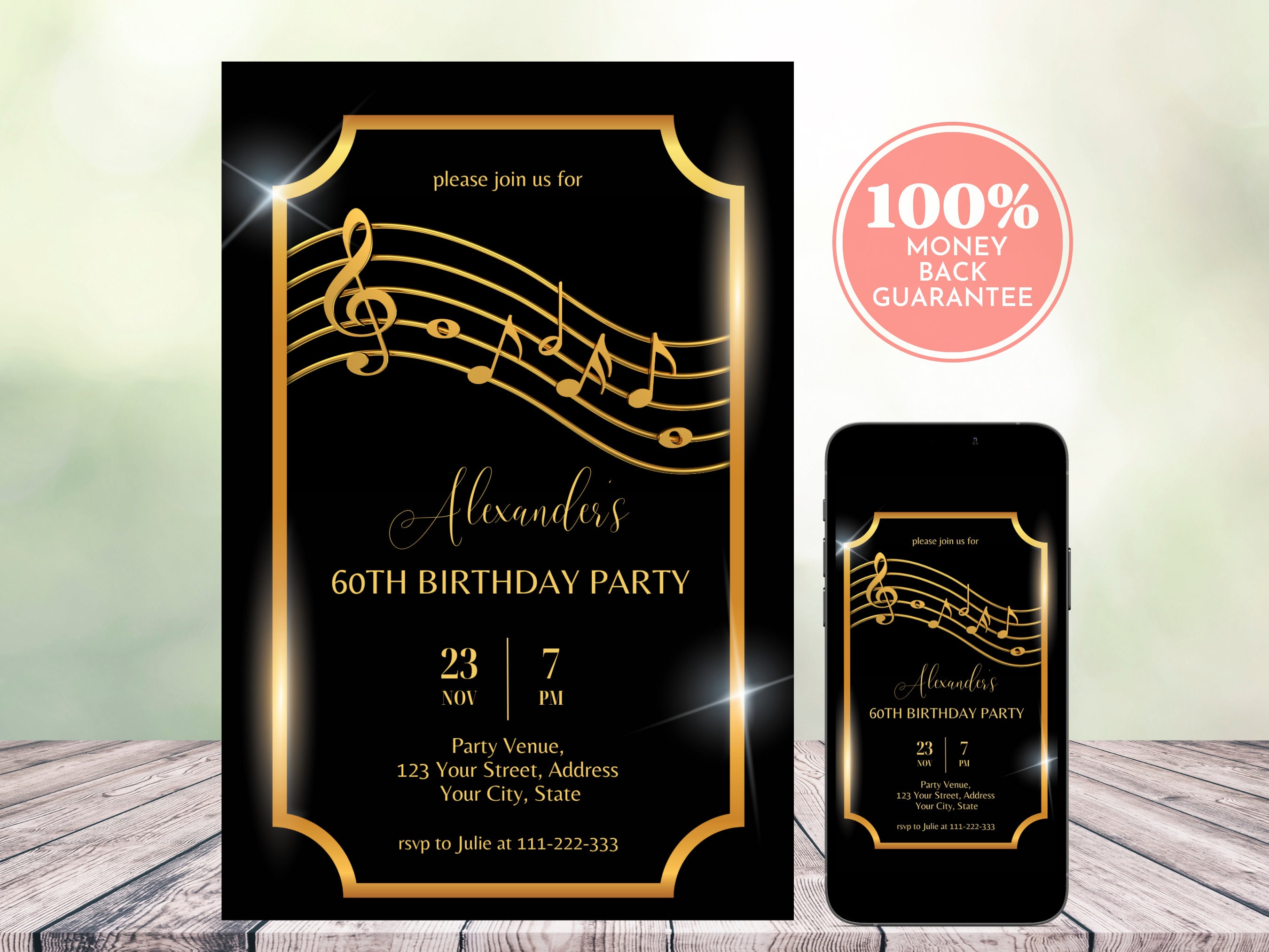 Music Notes Birthday Invitation, Editable Black Gold Music Birthday ...
