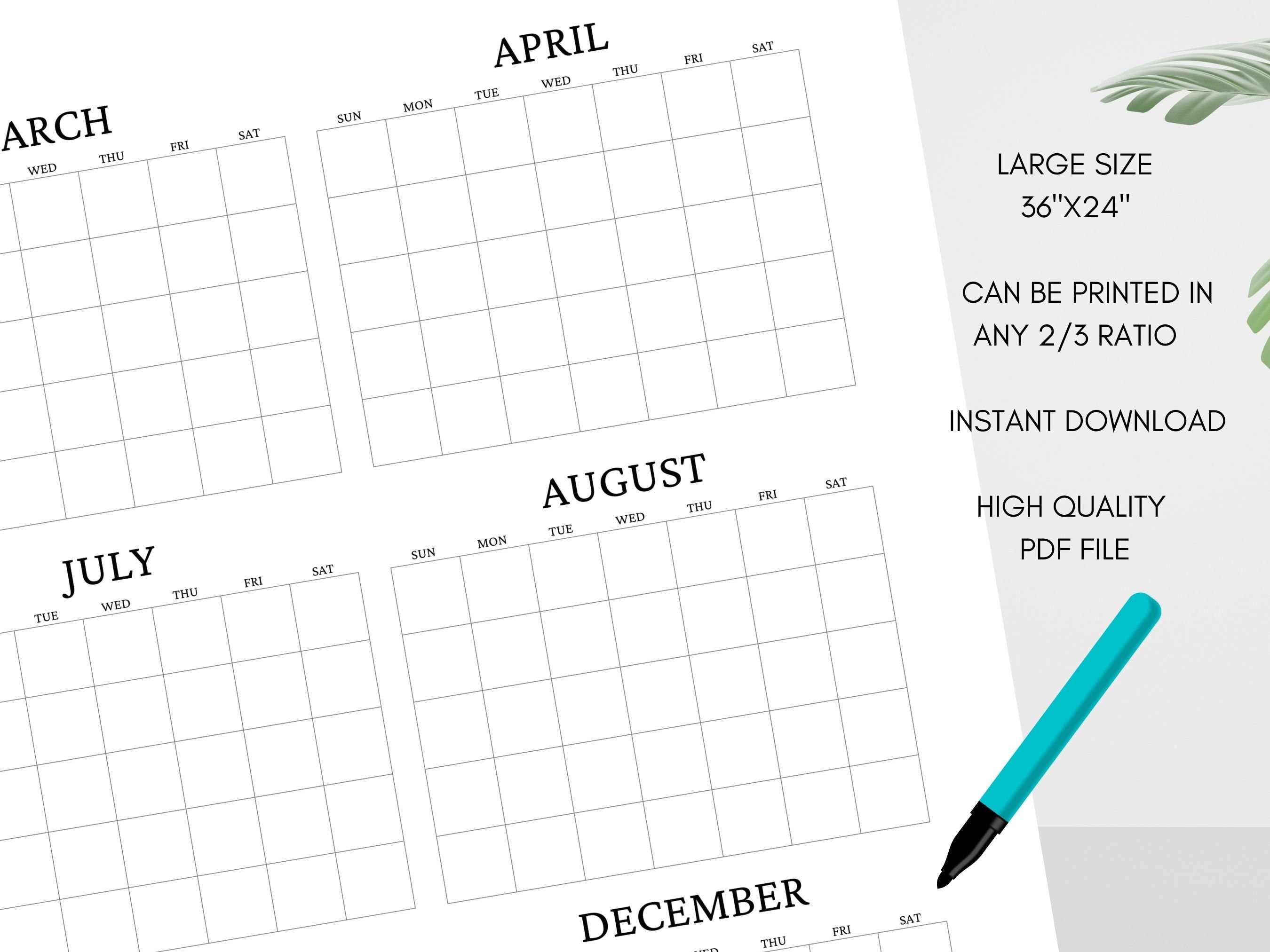 Blank Yearly Calendar Printable: Large Undated 12-month Planner ...