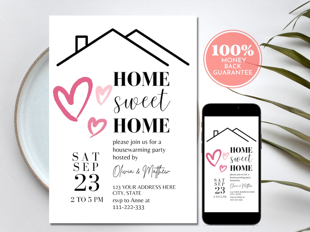 Modern Housewarming Party Invitation, Black & White With Pink Hearts ...