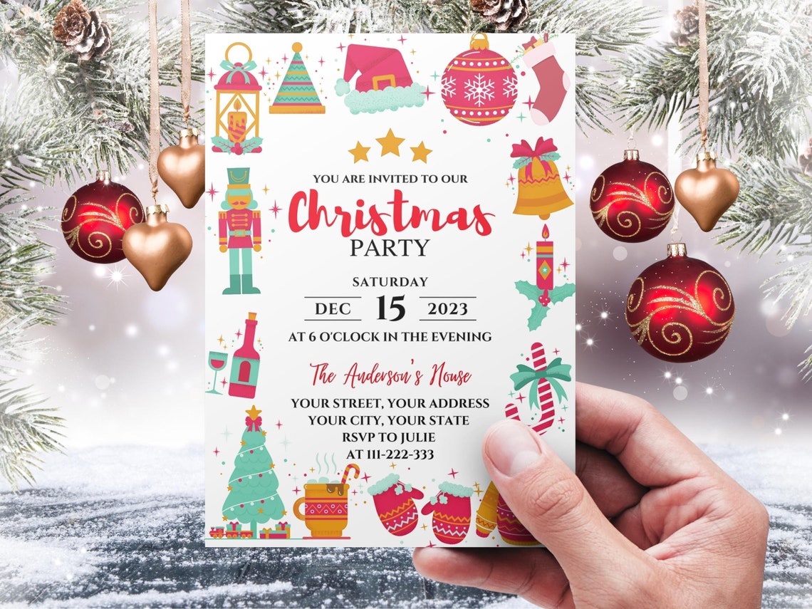 Christmas Party Invitation Digital Template, Christmas Invite, Colorful ...