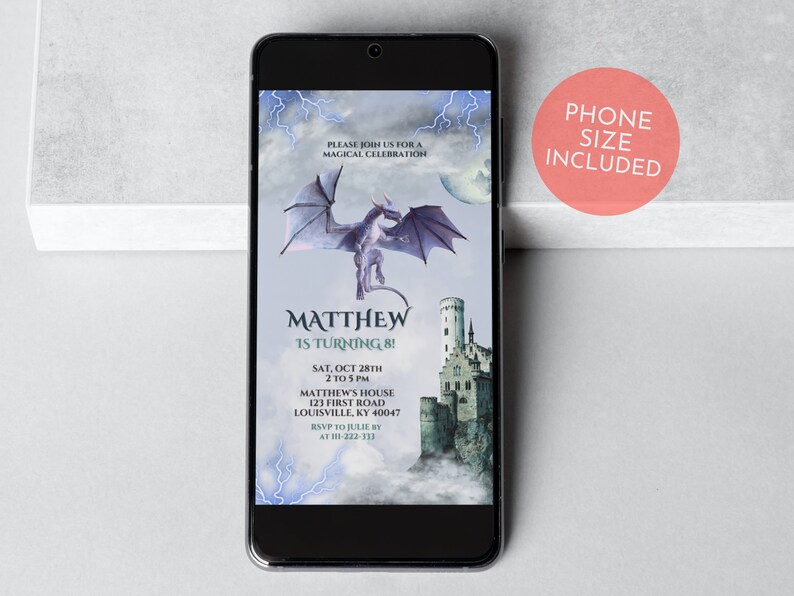 Dragon Birthday Invitation, Blue Fantasy Castle Dragon Birthday Party ...