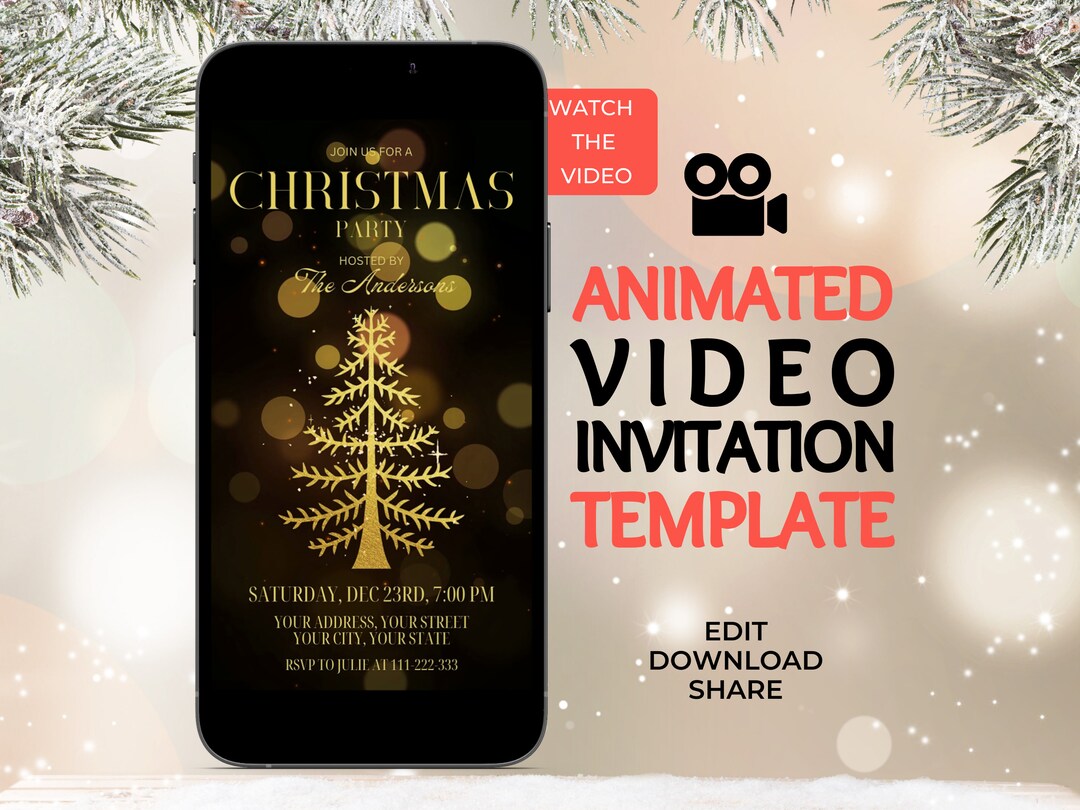 Animated Christmas Party Invitation, Black & Gold Video Christmas ...