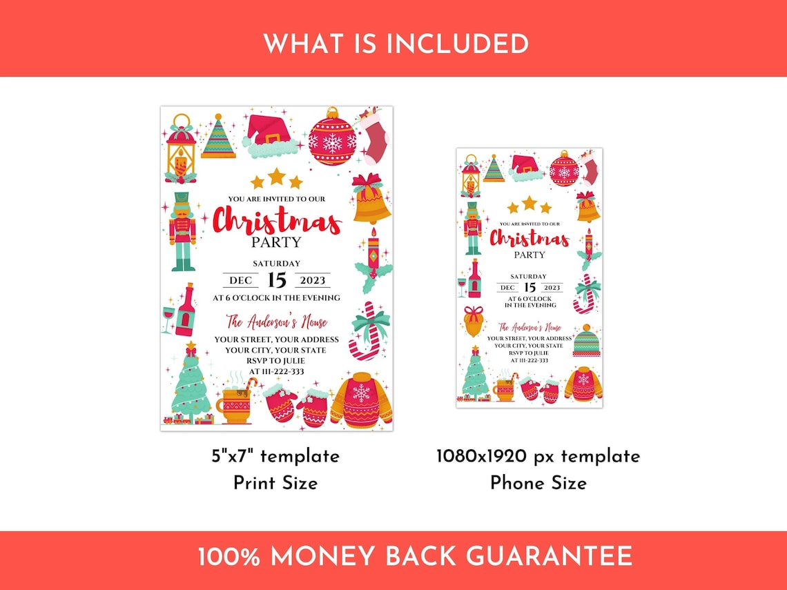 Christmas Party Invitation Digital Template, Christmas Invite, Colorful ...