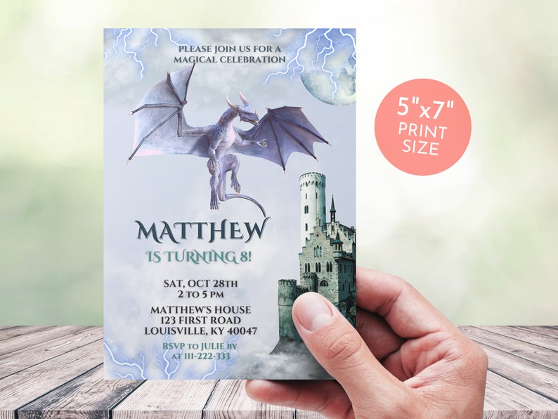 Dragon Birthday Invitation, Blue Fantasy Castle Dragon Birthday Party ...