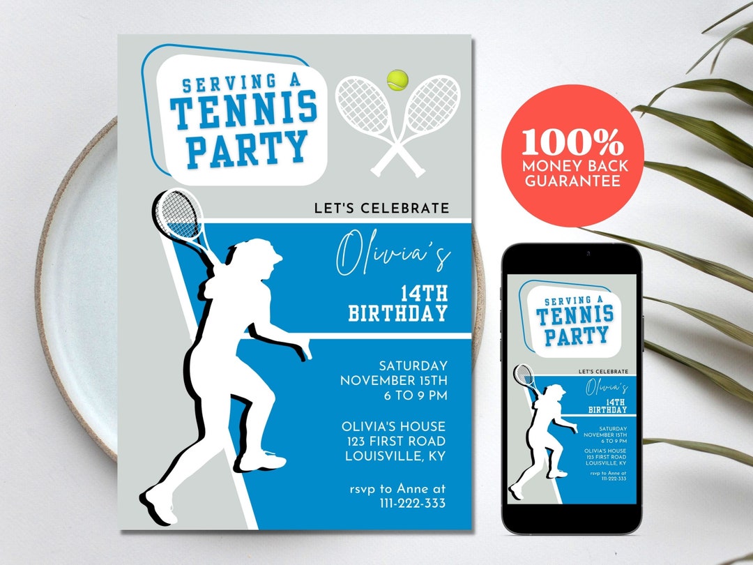 Tennis Birthday Invitation, Blue and Gray Tennis Player Girl Birthday ...