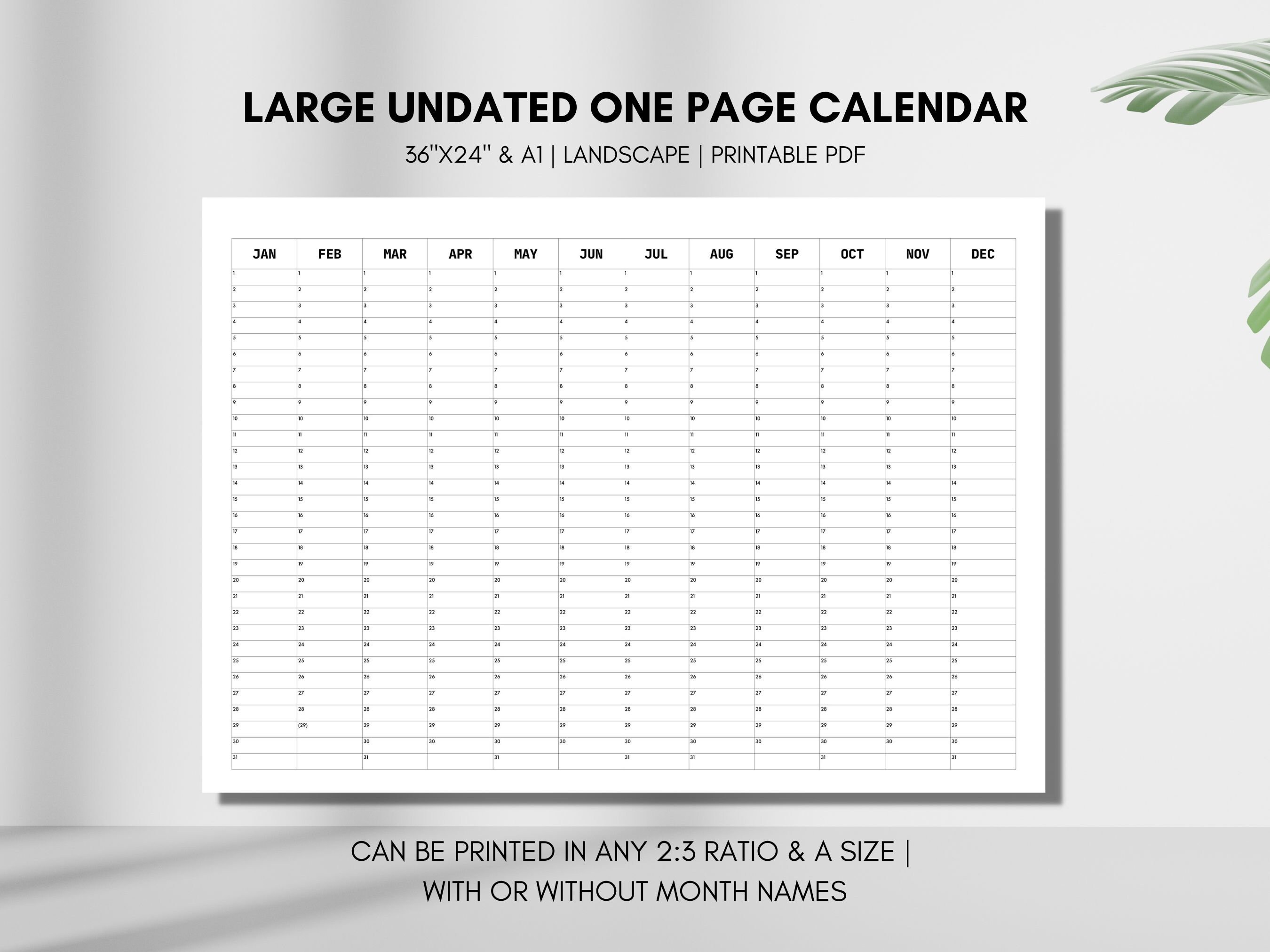 Blank Yearly Calendar, Printable Perpetual Calendar, Large Single Page ...