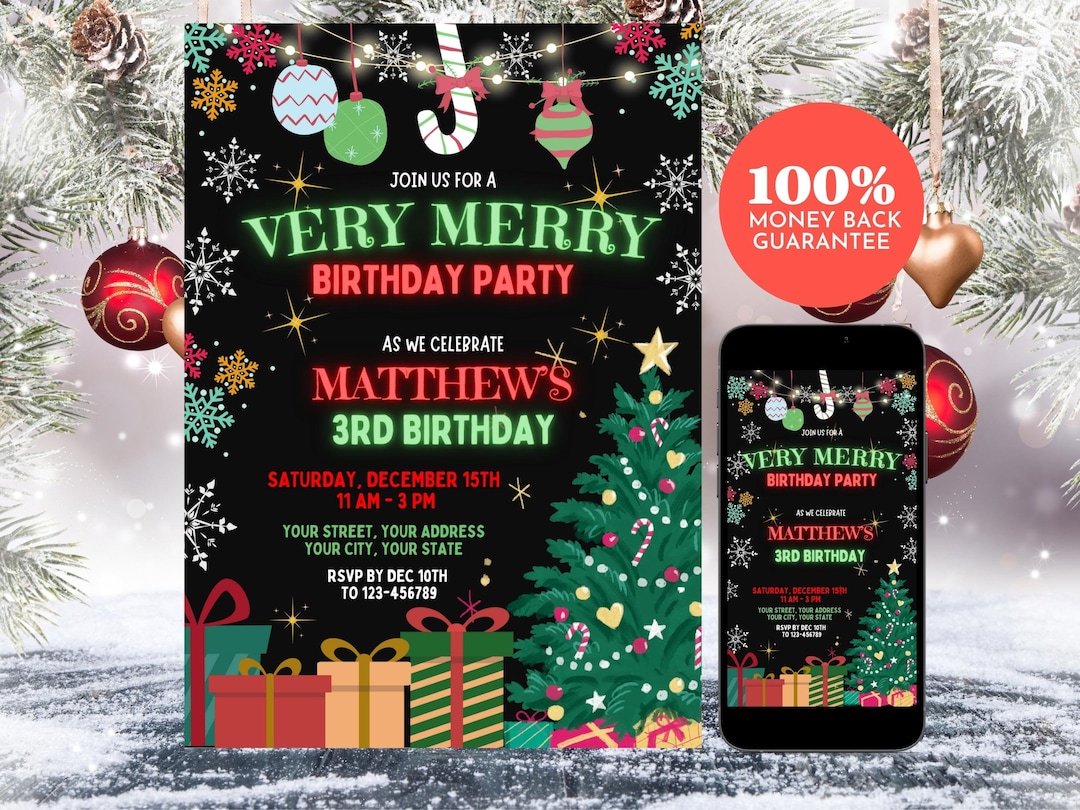 Christmas Birthday Party Invitation, Editable Printable Digital ...
