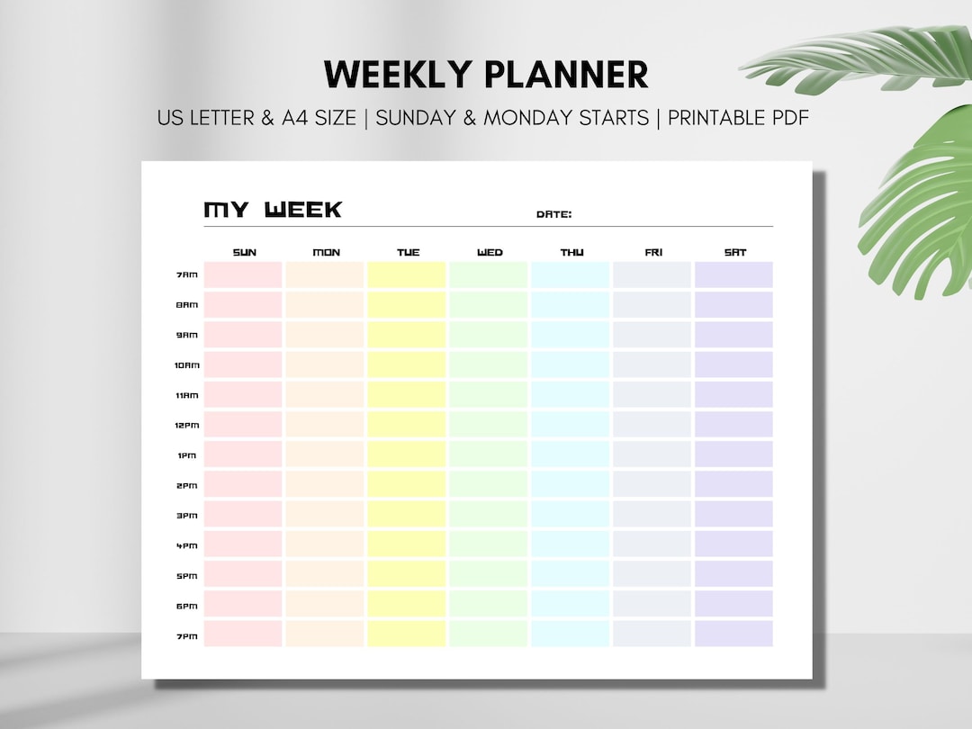 Rainbow Weekly Schedule, Printable My Week Planner One Hour Increments ...