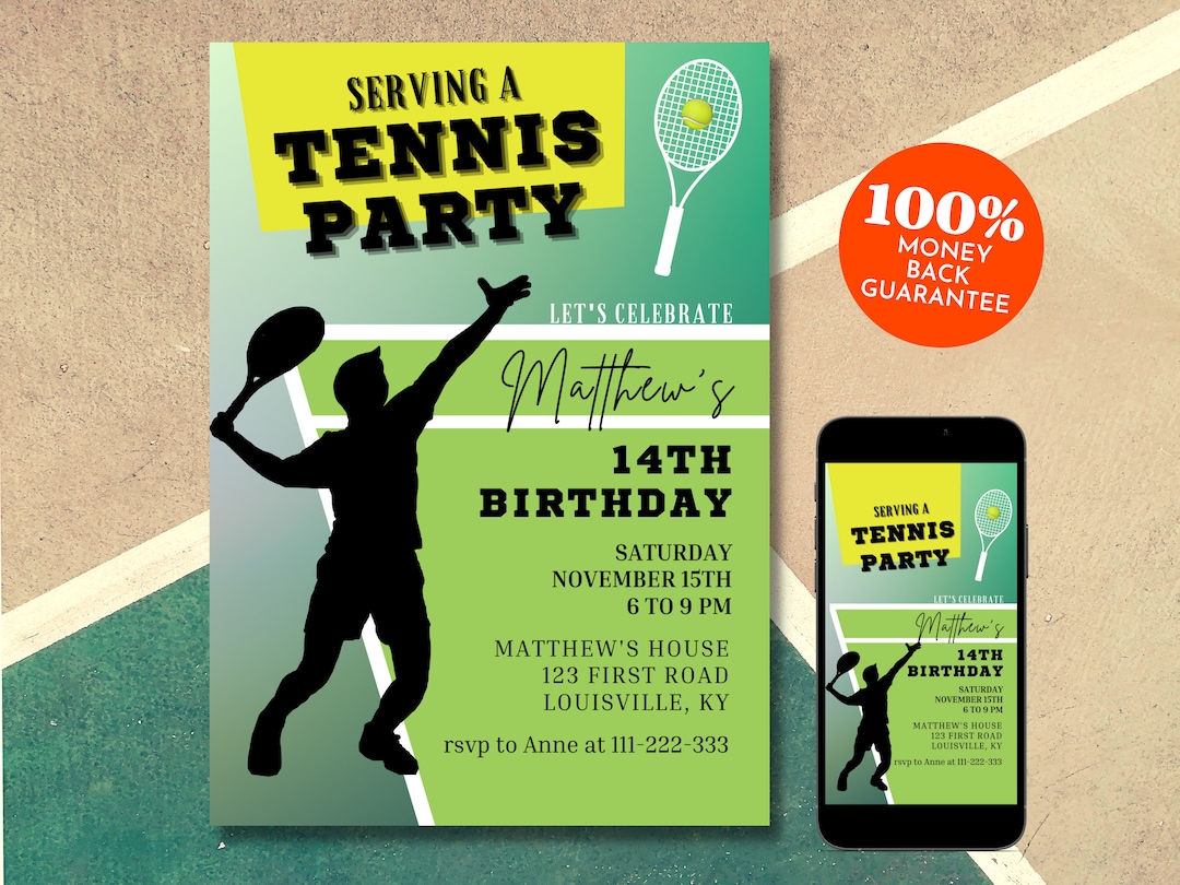 Tennis Birthday Invitation, Tennis Player Birthday Party Invite for ...
