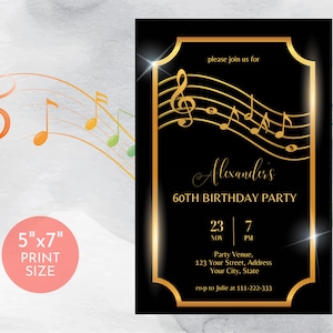 Music Notes Birthday Invitation, Editable Black Gold Music Birthday ...