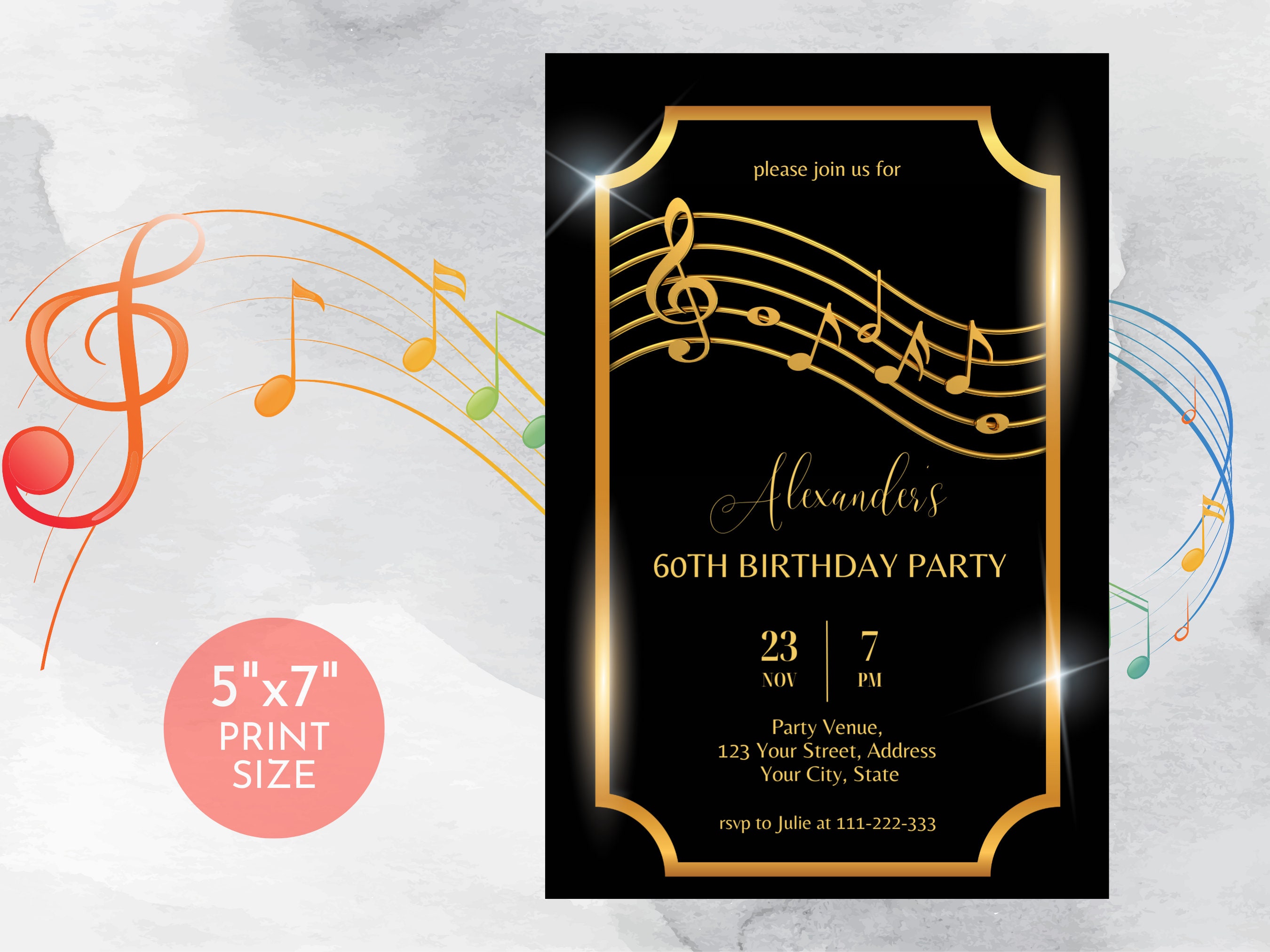 Music Notes Birthday Invitation, Editable Black Gold Music Birthday ...