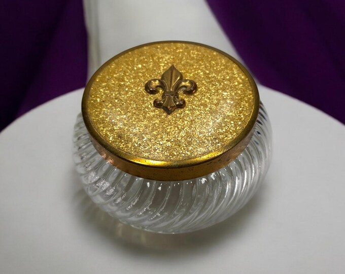 Fleur De Lis Swirl Ribbed Glass Powder Jar, Fleur De Lis Glass Trinket ...