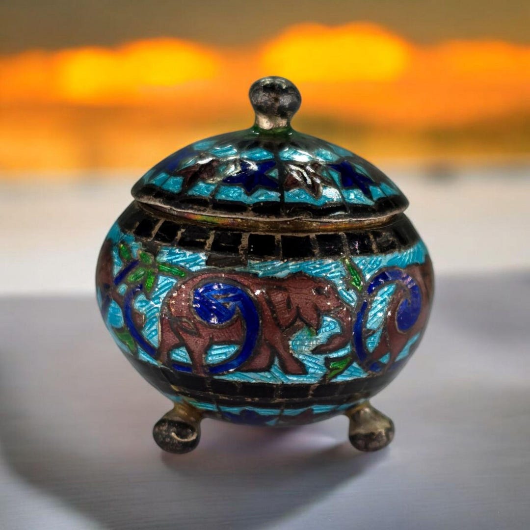 Enameled Elephants on Miniature Trinket Box Round With Hinged Lid (see ...