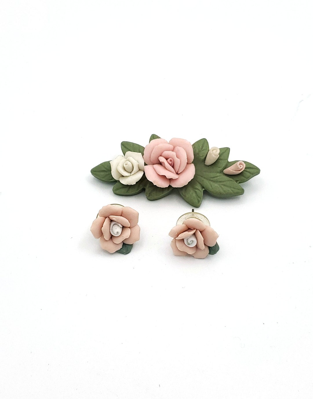 English Porcelain Rose Jewelry Set Vintage Porcelain Rose Brooch and ...