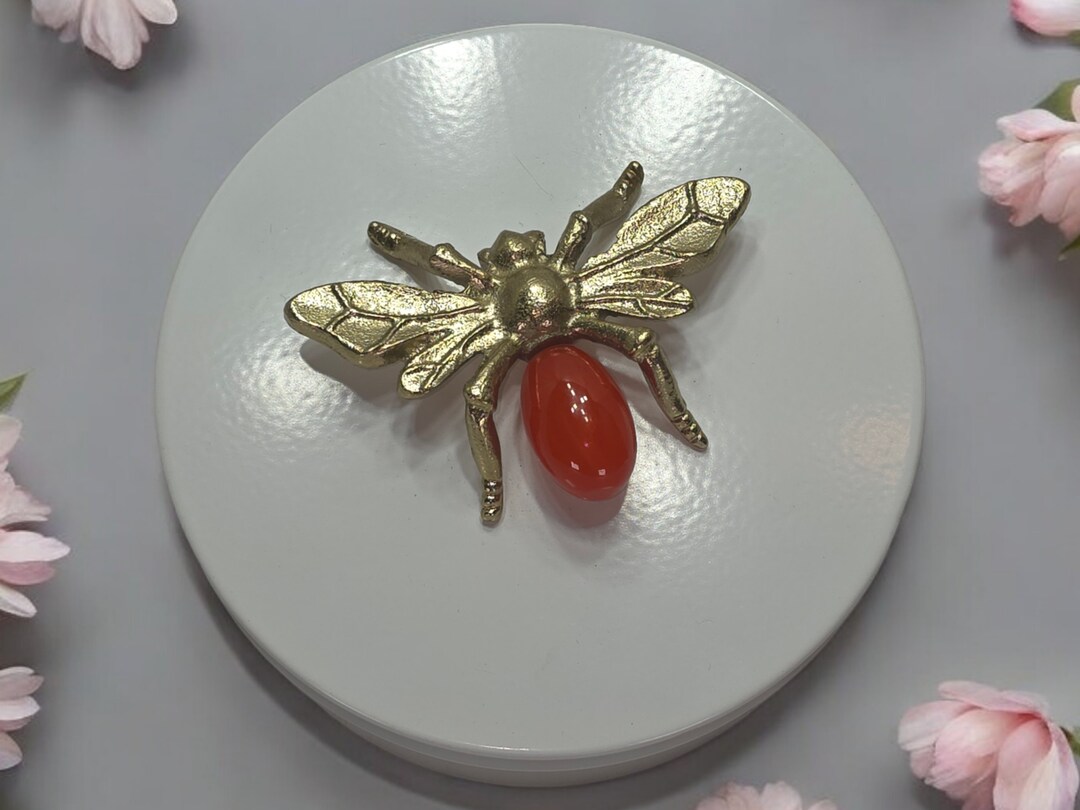 Round Metal Box Large Bee Adornment White With Gold Tone Metal Bee Box ...
