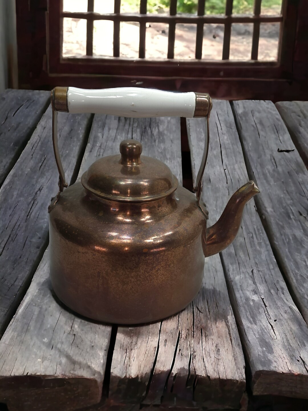 Vintage COBRE Chilean Copper Large Kettle W/ Natural Patina W/ Ceramic ...