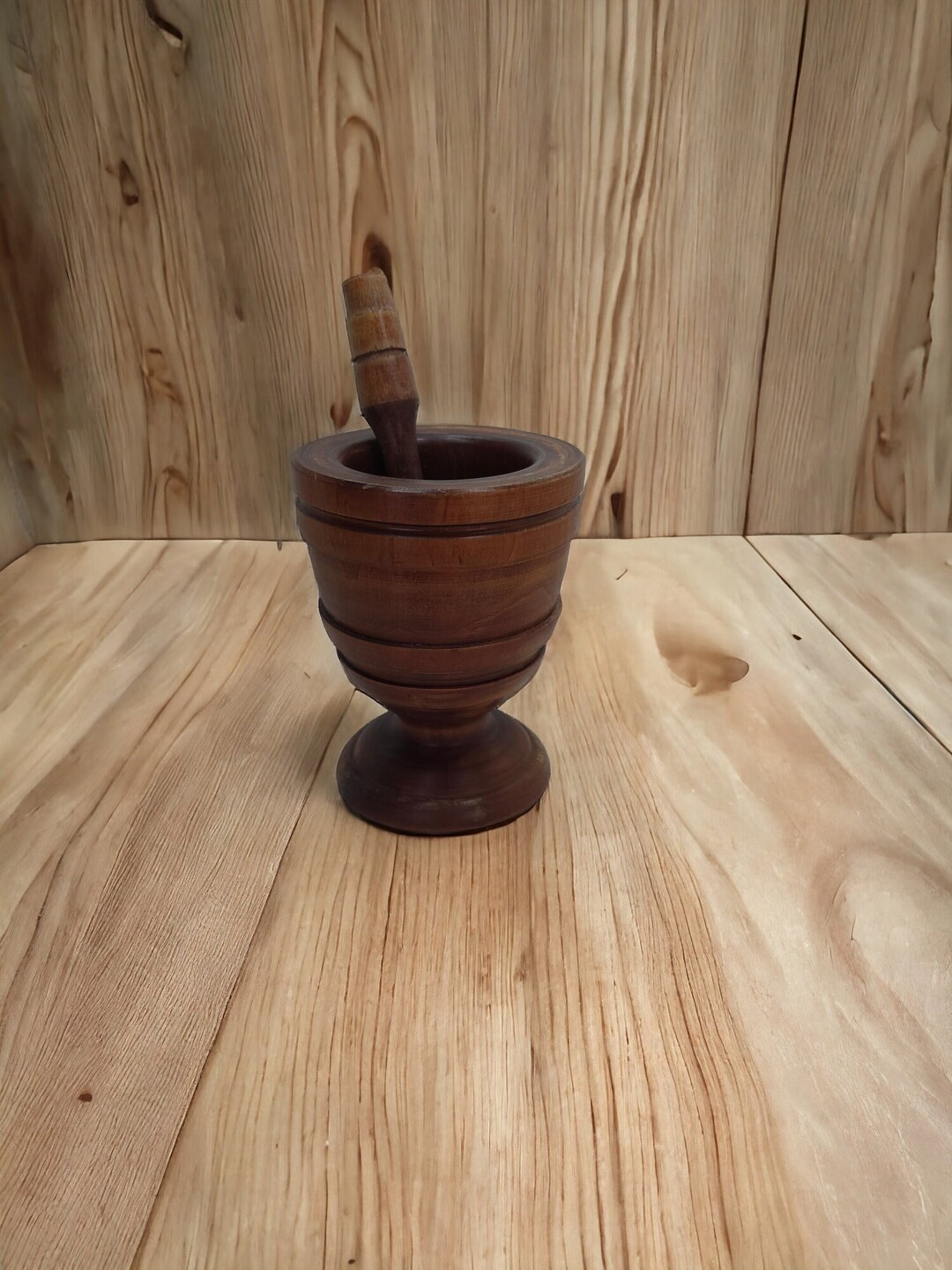 Vintage 1940's Large Mortar and Pestle Wood Hand Crafted Wood Pedestal Base Mortar With ...