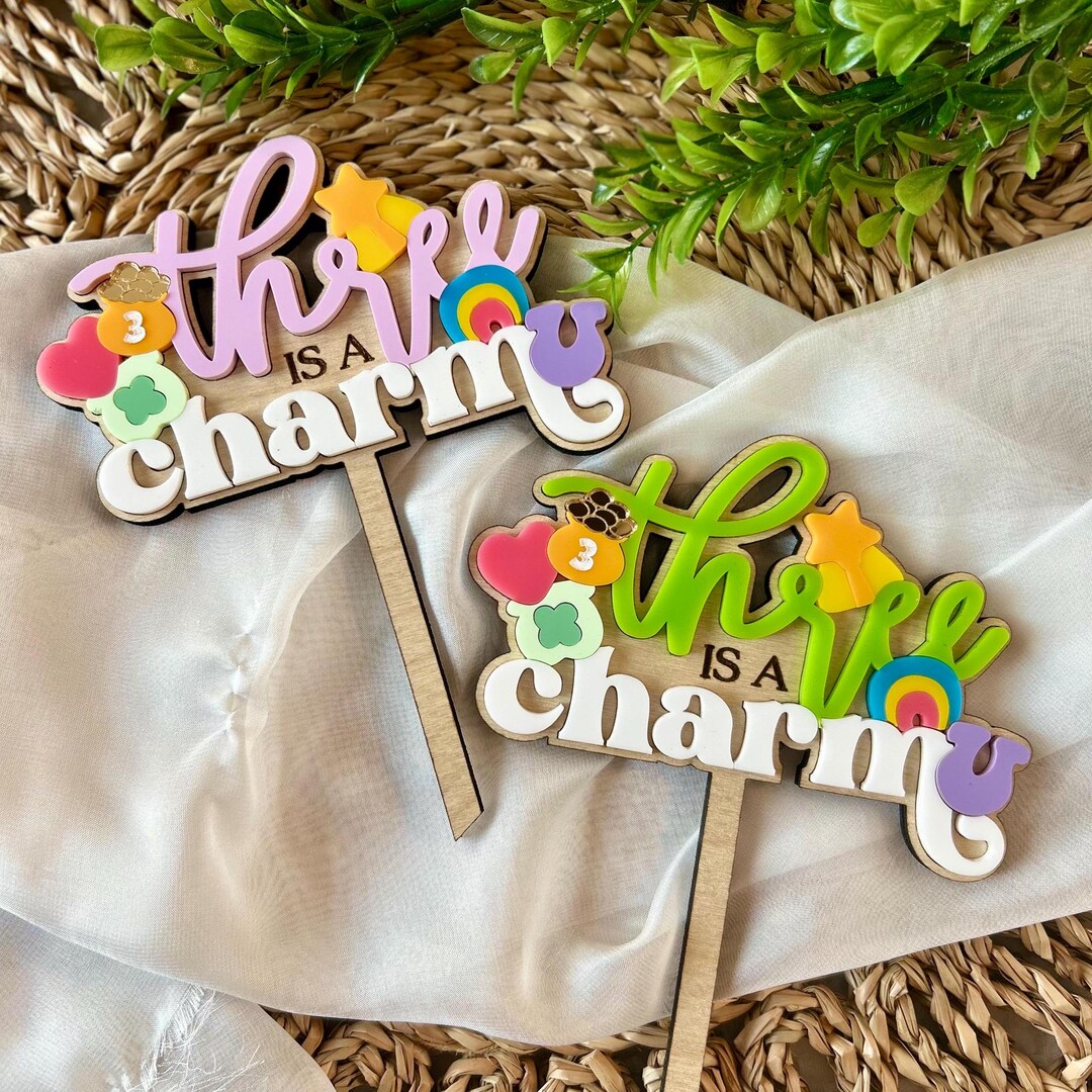 Three is a Charm Cake Topper, Lucky Charm Birthday Party, Rainbow Cake ...