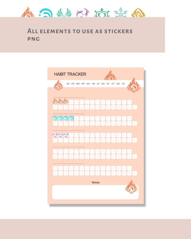 Printable Trackers PNG Stickers, Genshin Impact Elements A4 A5 Letter ...