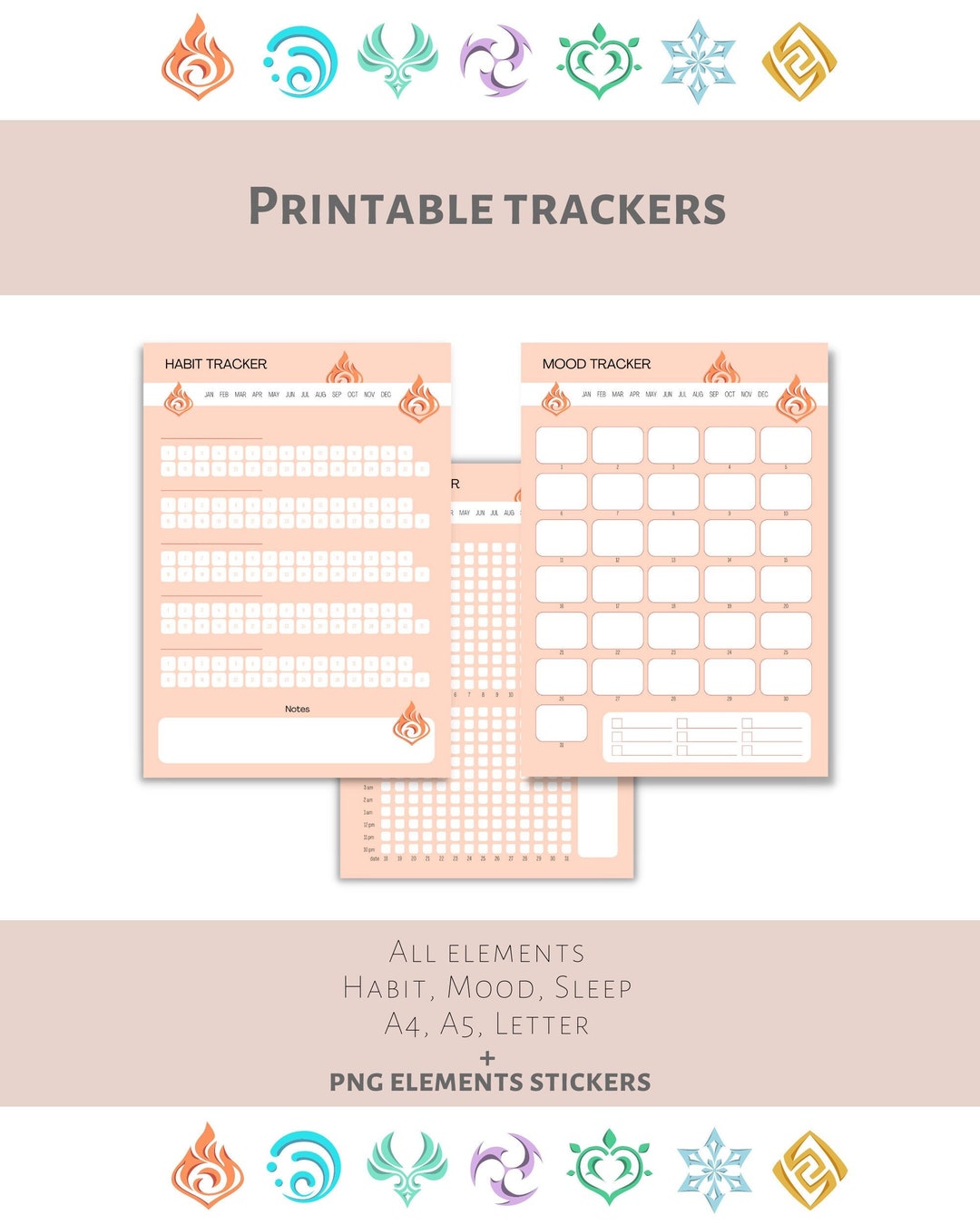 Printable Trackers PNG Stickers, Genshin Impact Elements A4 A5 Letter ...