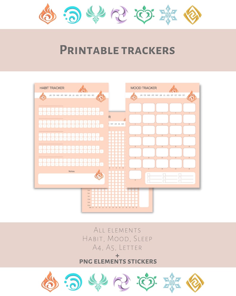 Printable Trackers PNG Stickers Genshin Impact Elements A4 - Etsy