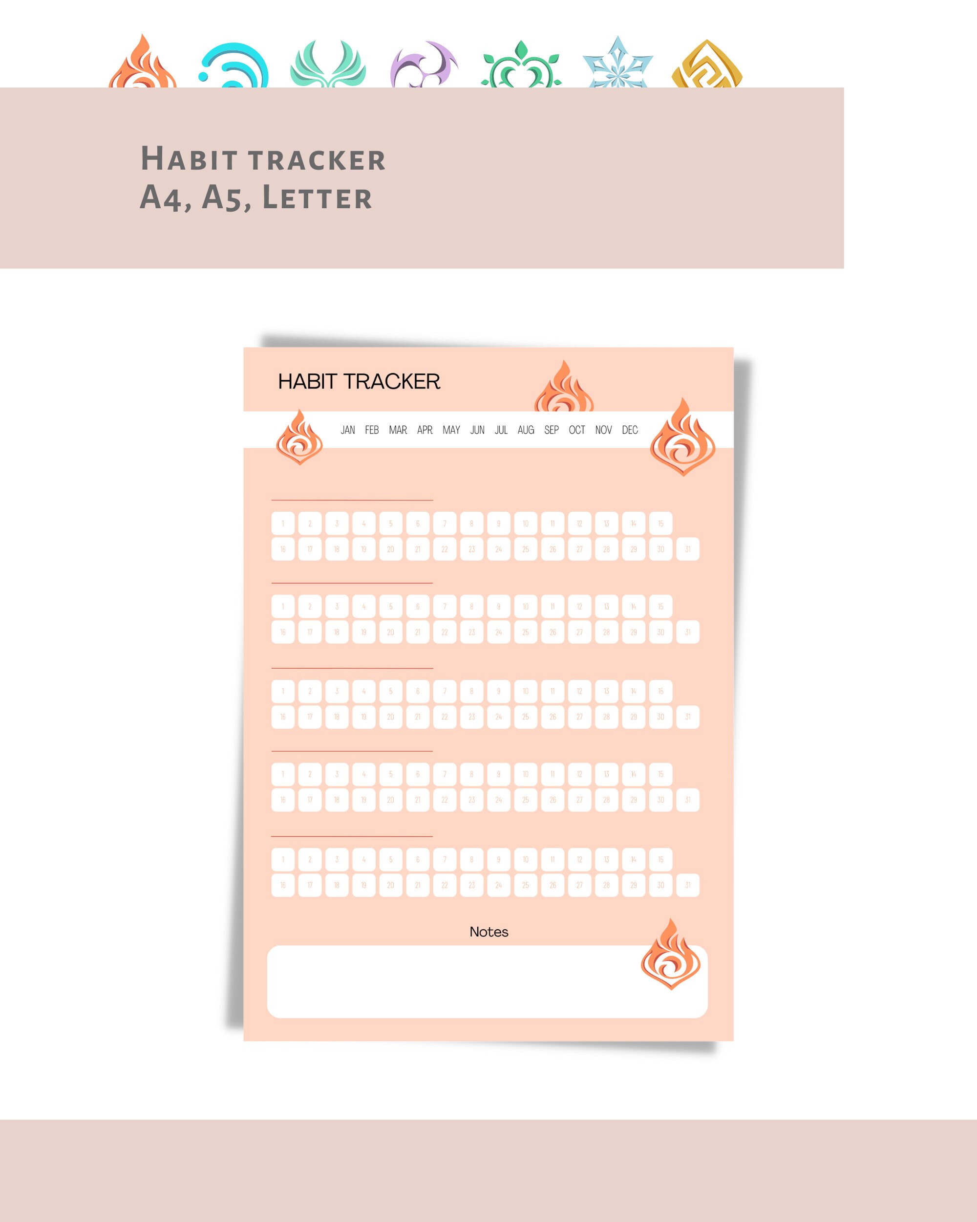 Printable Trackers PNG Stickers, Genshin Impact Elements A4 A5 Letter ...