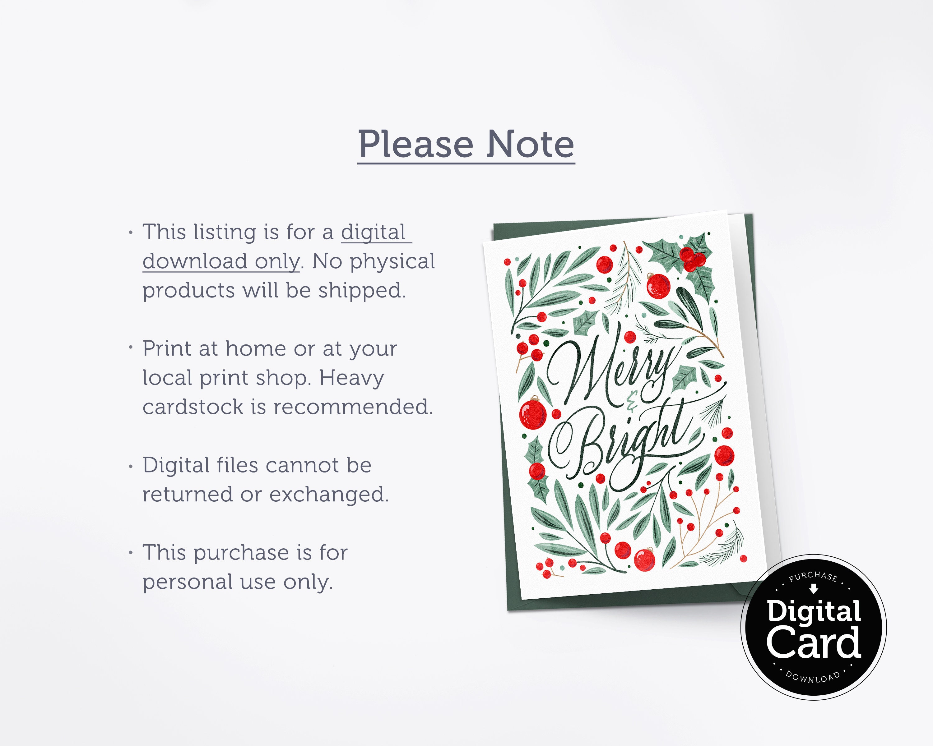 Printable Merry and Bright Christmas Card, Illustrated Holiday Download ...