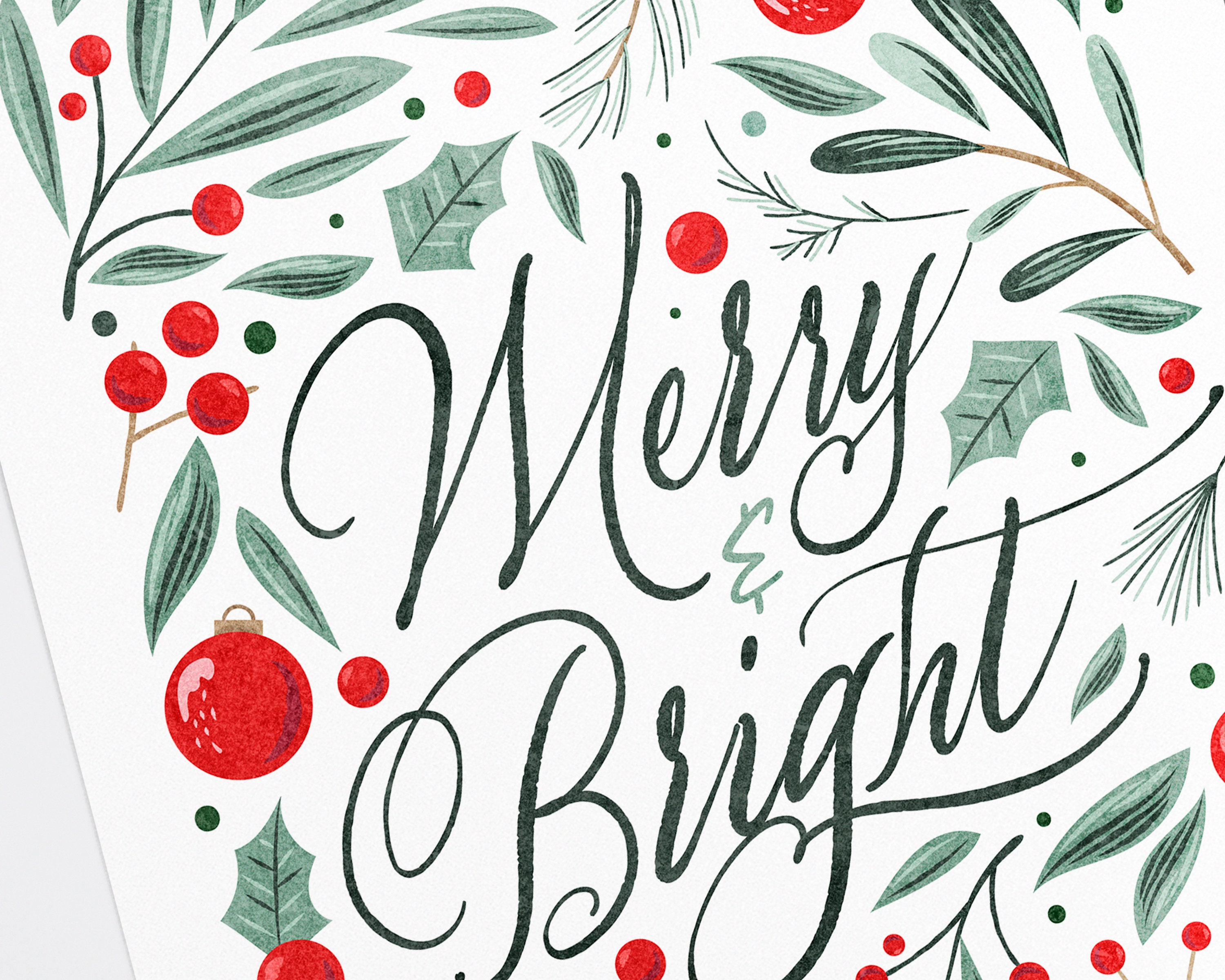 Printable Merry and Bright Christmas Card, Illustrated Holiday Download ...