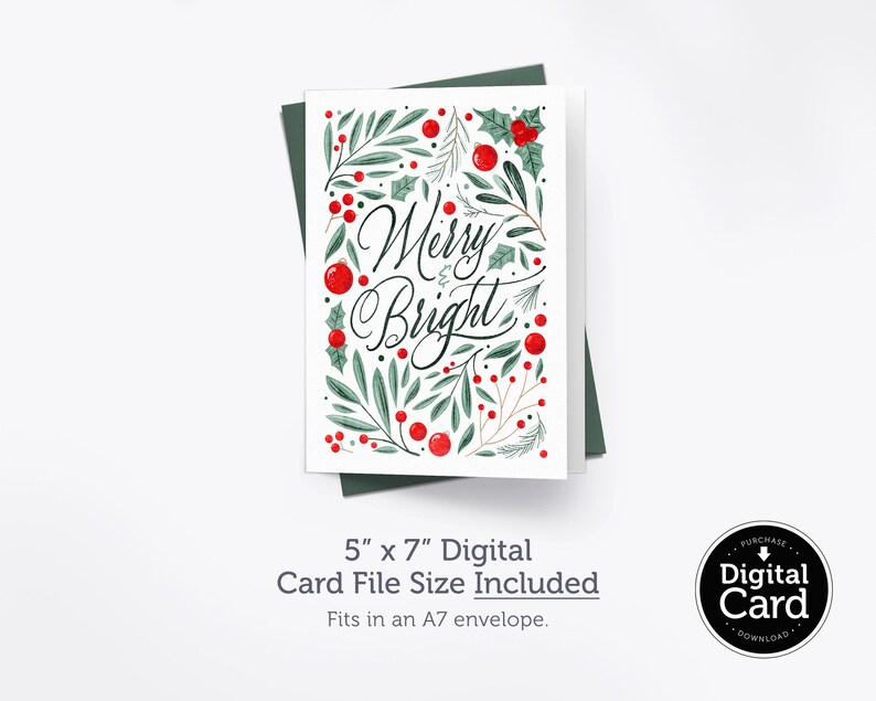 Printable Merry and Bright Christmas Card, Illustrated Holiday Download ...