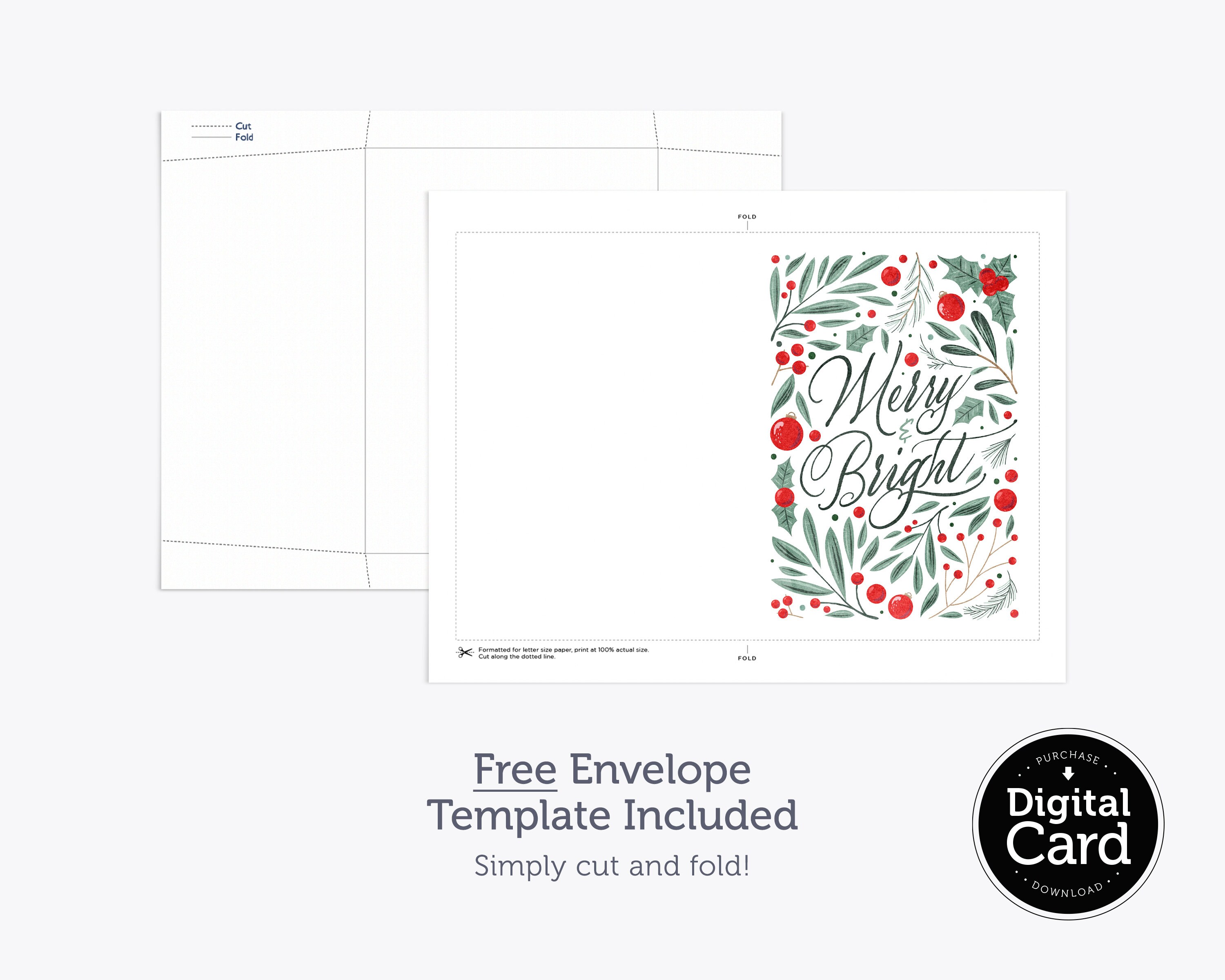 Printable Merry and Bright Christmas Card, Illustrated Holiday Download ...