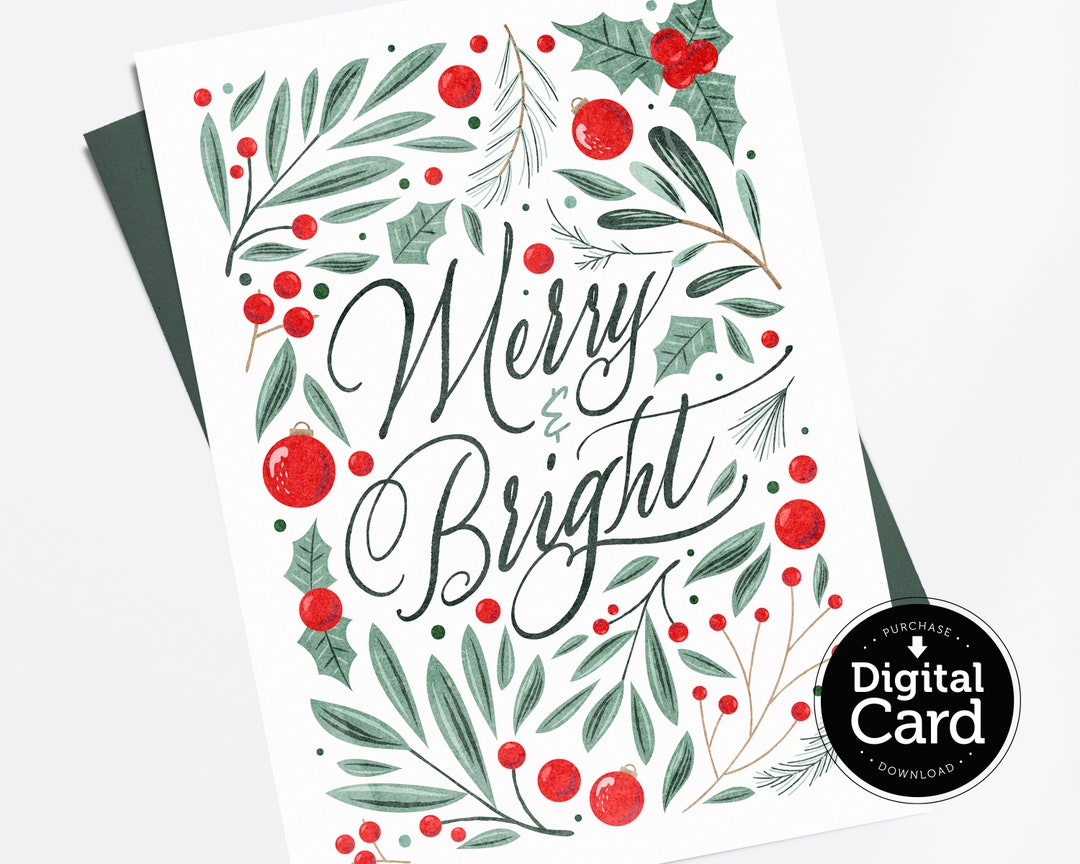 Printable Merry and Bright Christmas Card, Illustrated Holiday Download ...
