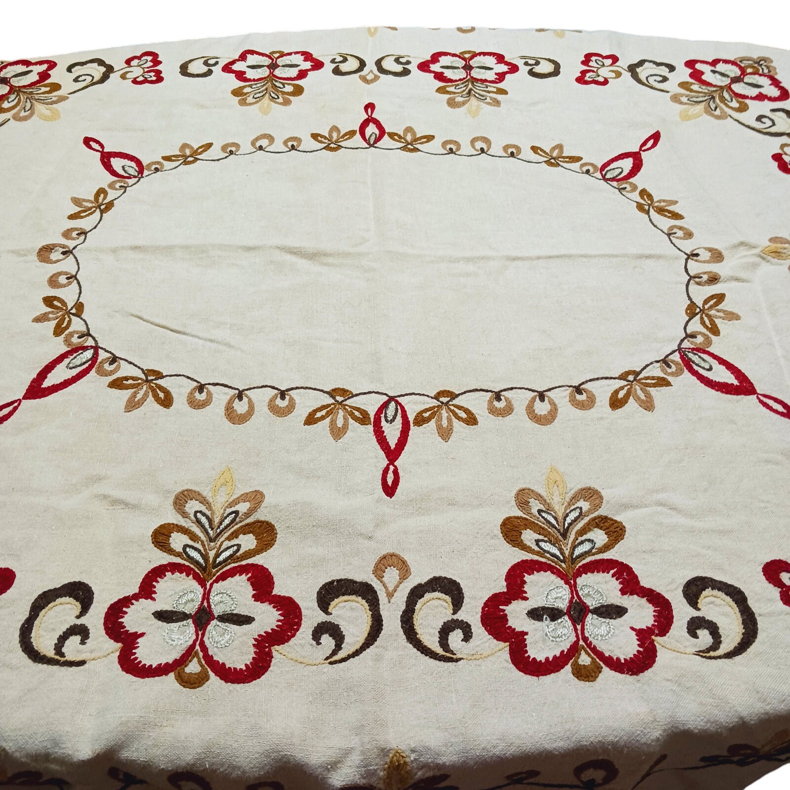 Crewel Embroidered Floral Tablecloth Burgundy Brown Beige Flowers ...