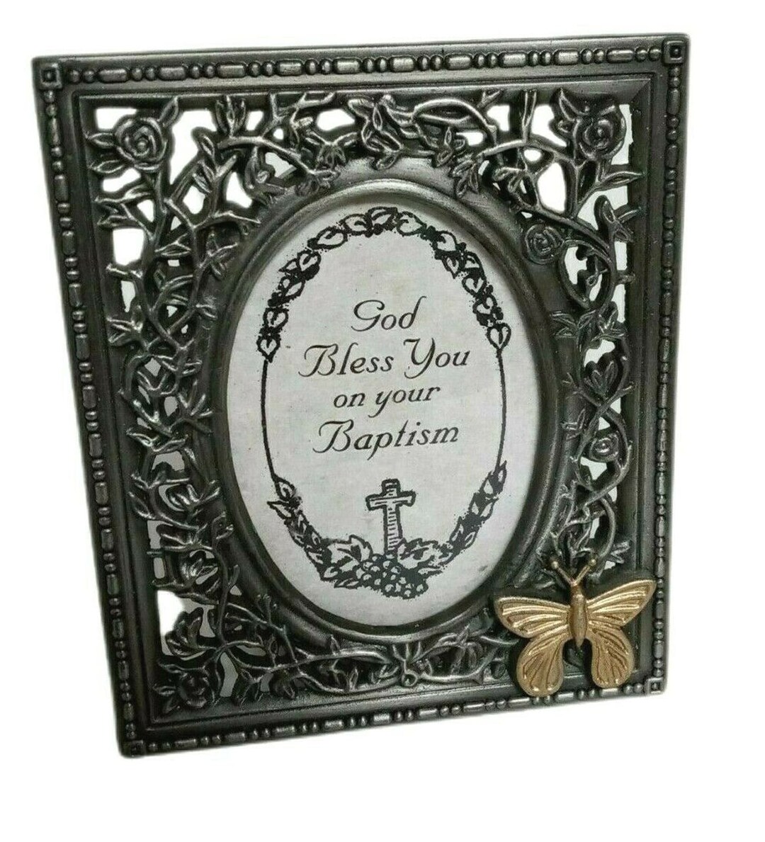 Baptism Photo Frame Pewter Filigree Butterfly 3.5 God Bless You on Your ...