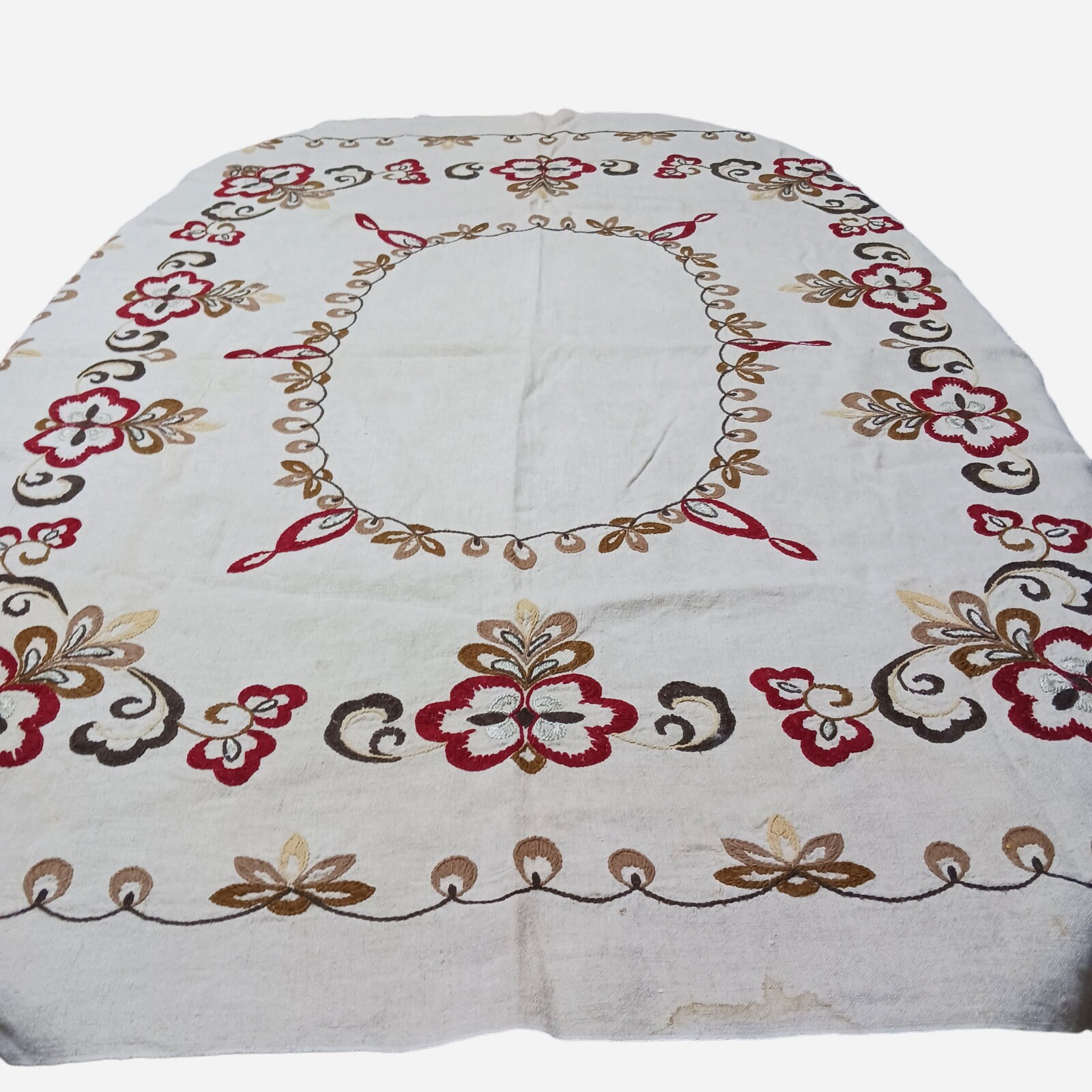 Crewel Embroidered Floral Tablecloth Burgundy Brown Beige Flowers ...