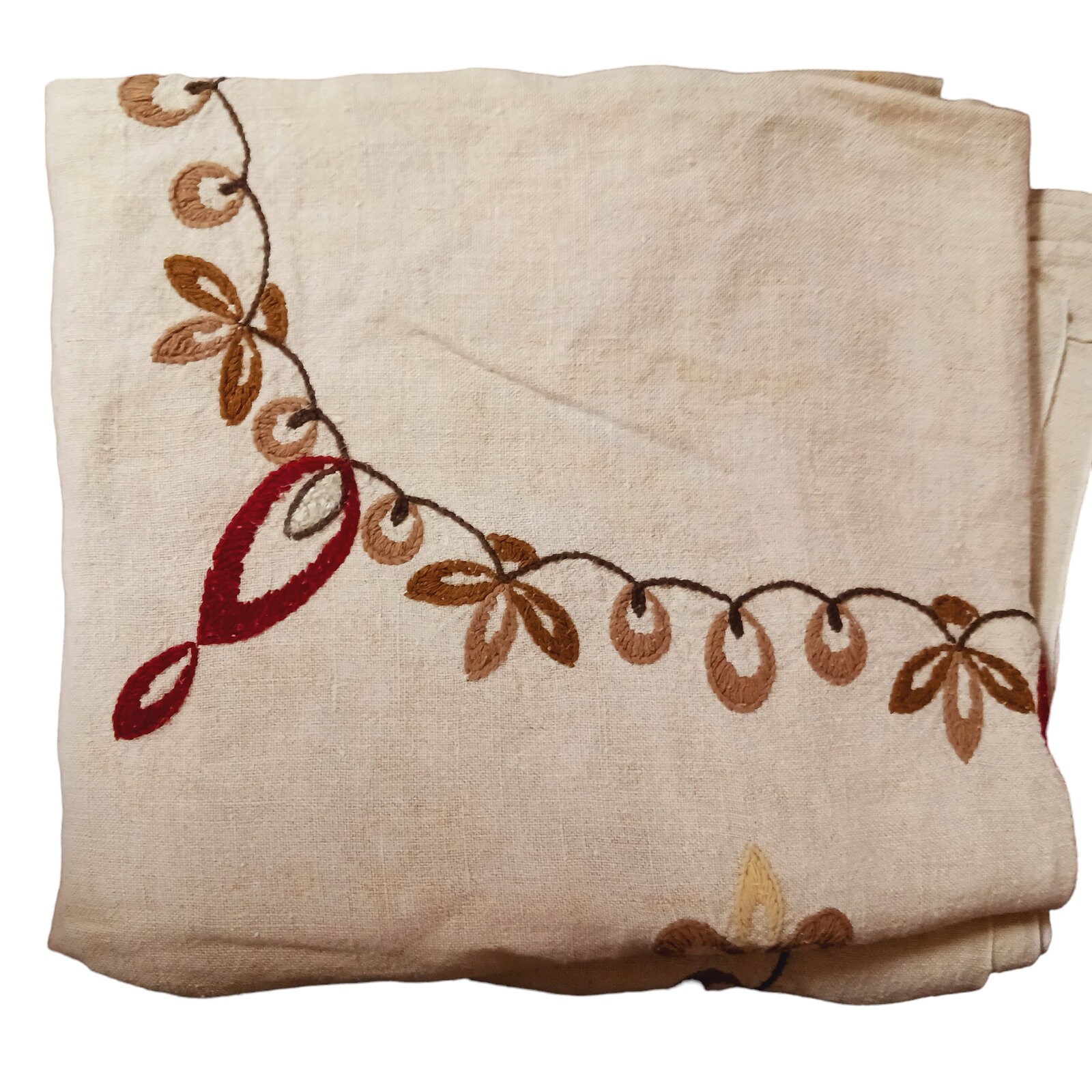 Crewel Embroidered Floral Tablecloth Burgundy Brown Beige Flowers ...