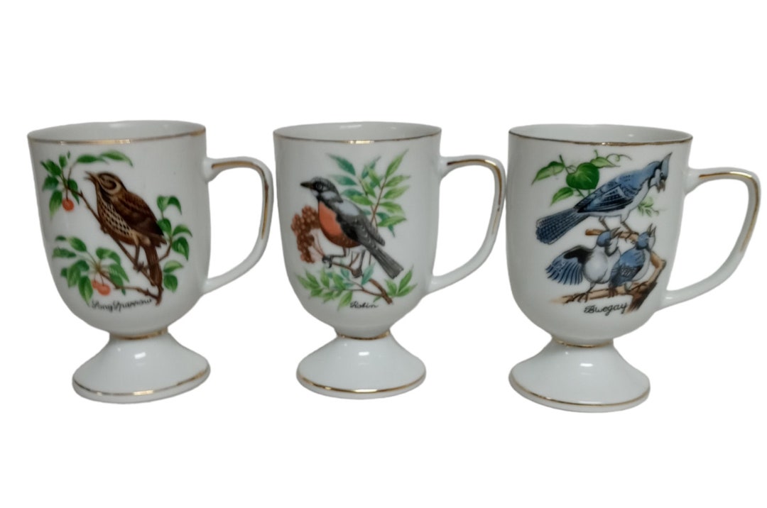 Vintage Pedestal Bird Mugs Cups Robin Sparrow Blue Jay Chicks ...