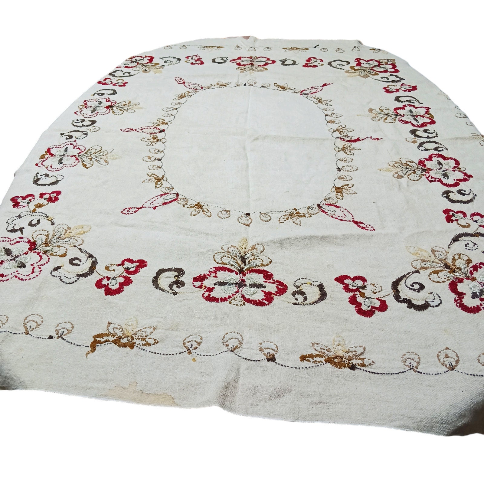 Crewel Embroidered Floral Tablecloth Burgundy Brown Beige Flowers ...